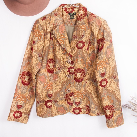 elcc | Jackets & Coats | Elcc Tapestry Floral Burgundy Blazer Jacket ...
